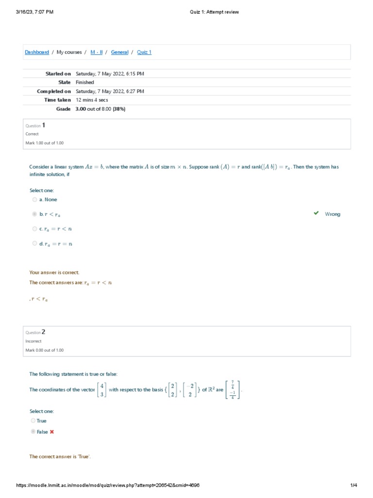 M2 - Quiz 1 - Attempt Review | PDF | System Of Linear Equations | Functions And Mappings