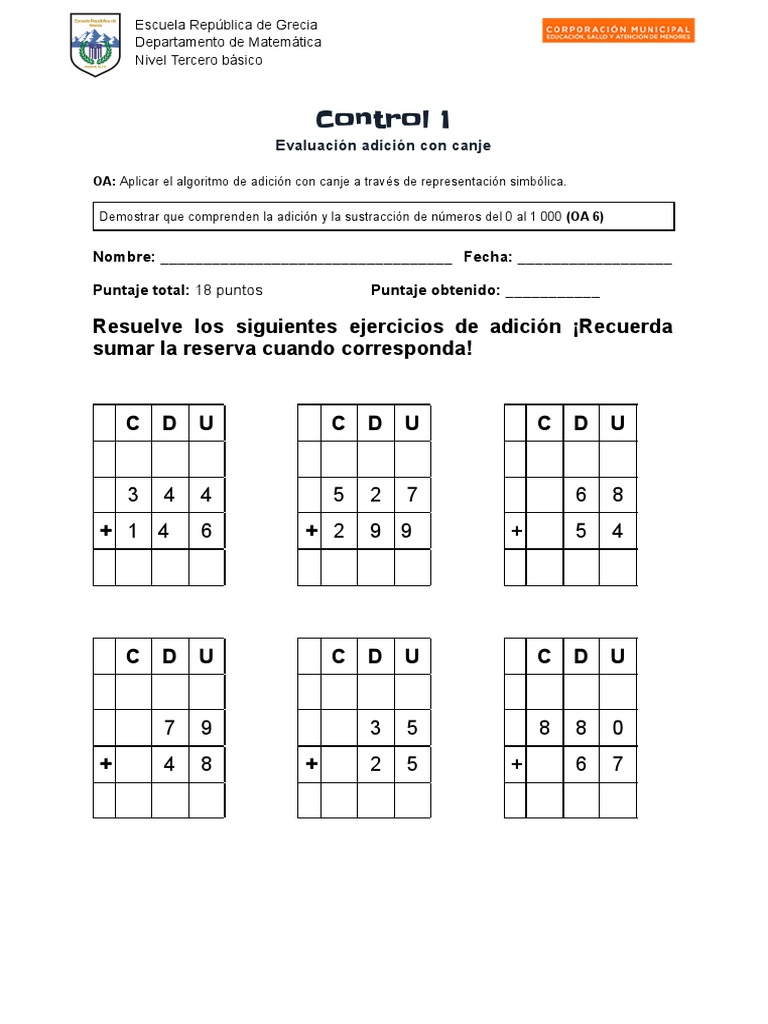 Evaluación de Adición con Canje 3° Básico | PDF