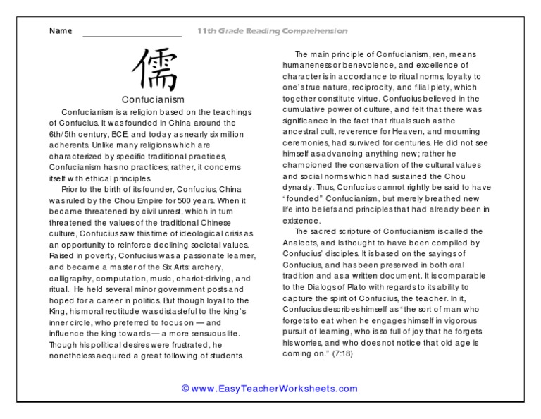 Confucianism: 11th Grade Reading Comprehension | Download Free PDF ...
