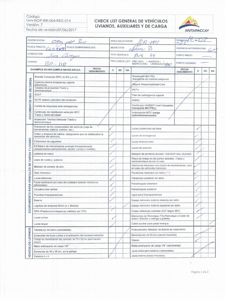 Check List Vehiculso Antapaccay | PDF