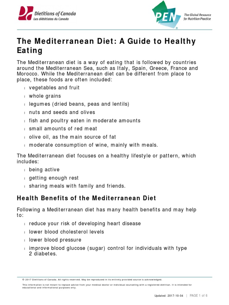Mediterranean Diet Toolkit A Guide To Healthy Eating (Handout) | PDF ...