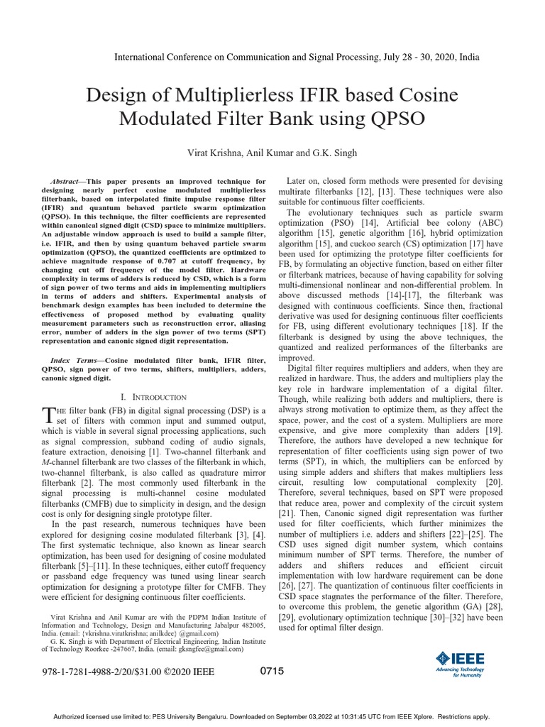 Design of Multiplierless IFIR Based Cosine Modulated Filter Bank Using QPSO | PDF | Filter ...