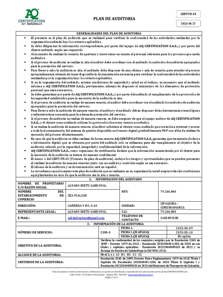 Cert-Fr-03 Plan de Auditoria | PDF
