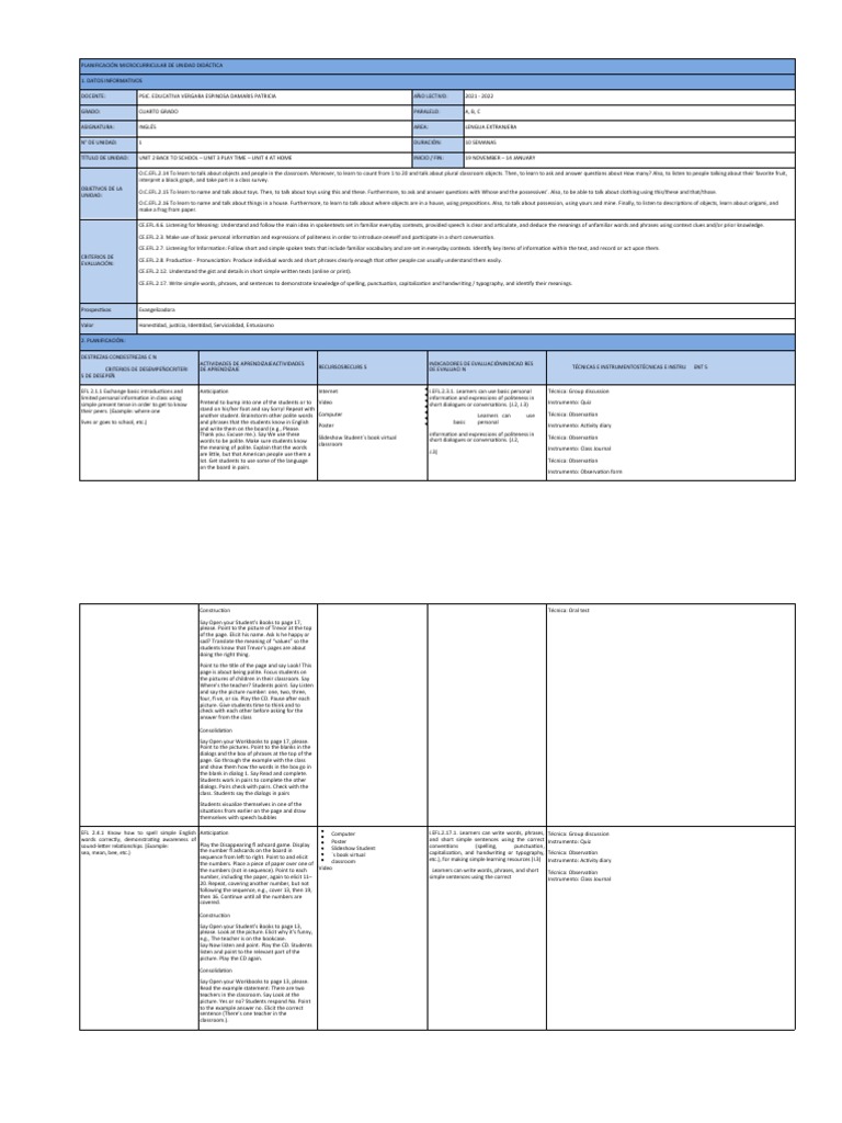 Planificación Microcurricular de Unidad Didáctica 4 | PDF | Learning | English As A Second Or ...