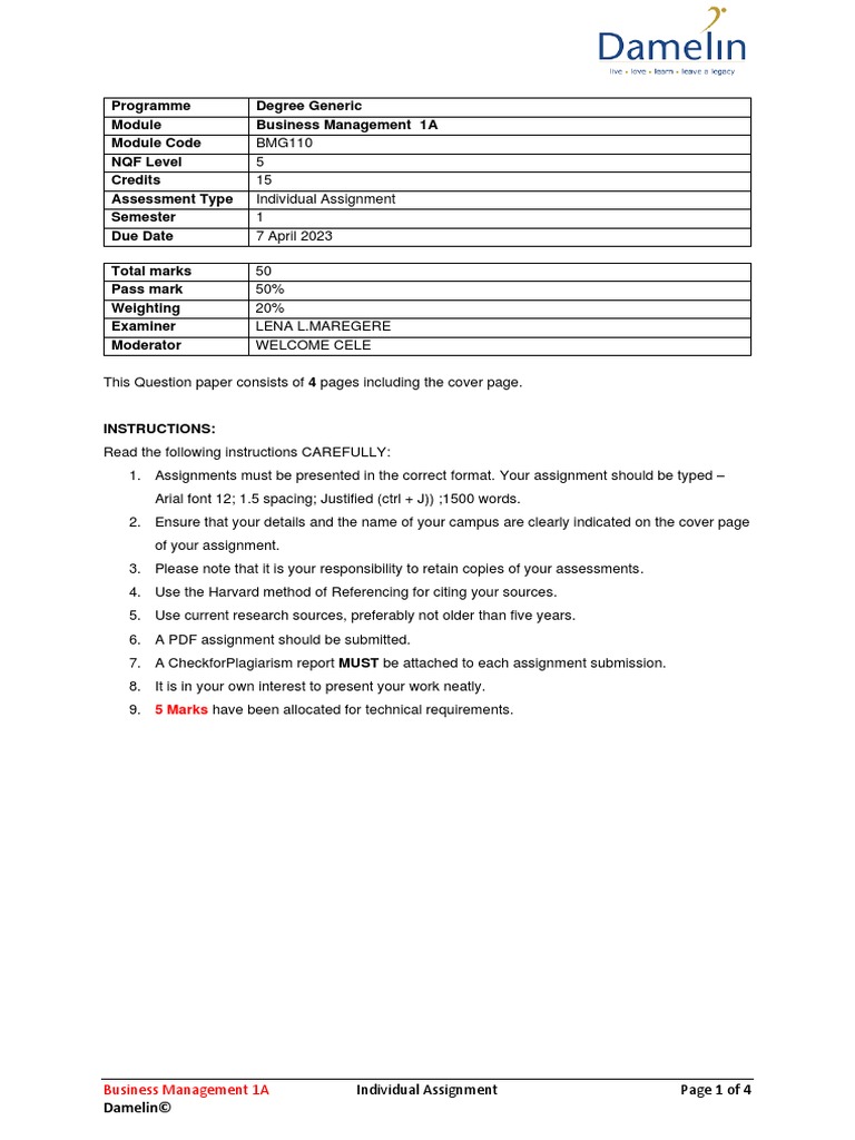2023 Business Management 1a Assignment | PDF | Career & Growth