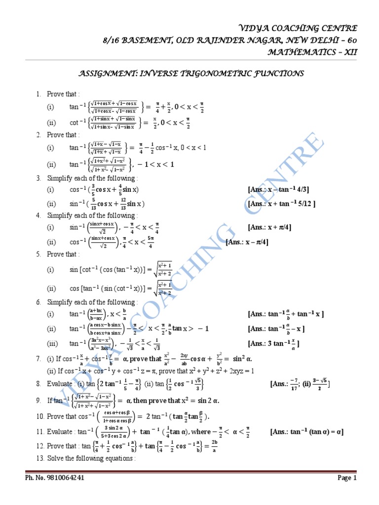 Assginment Inverse Trigonomatric R. D. Sharma | PDF | Combinatorics | Elementary Mathematics