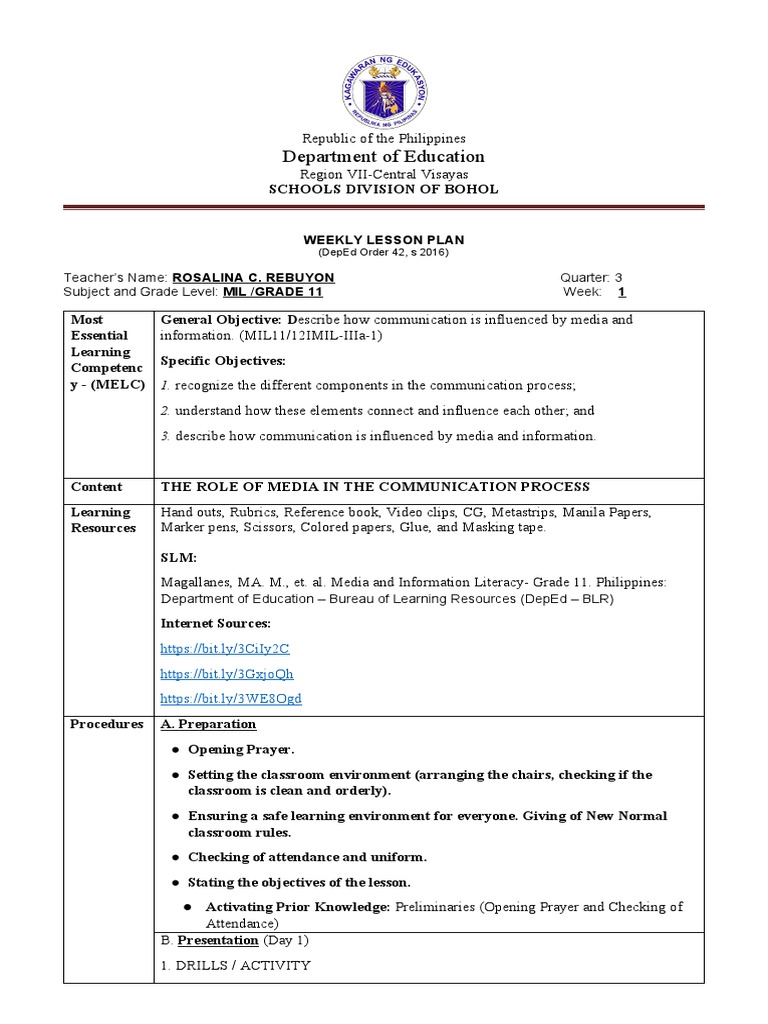 Bohol Mil q3 PLP Wk1 | PDF | Communication | Mass Media