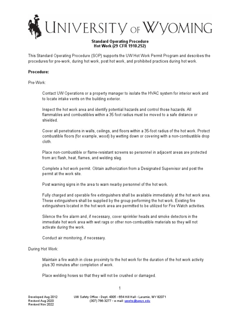 Sop Hot Work Procedures | PDF | Fires | Fire Sprinkler System