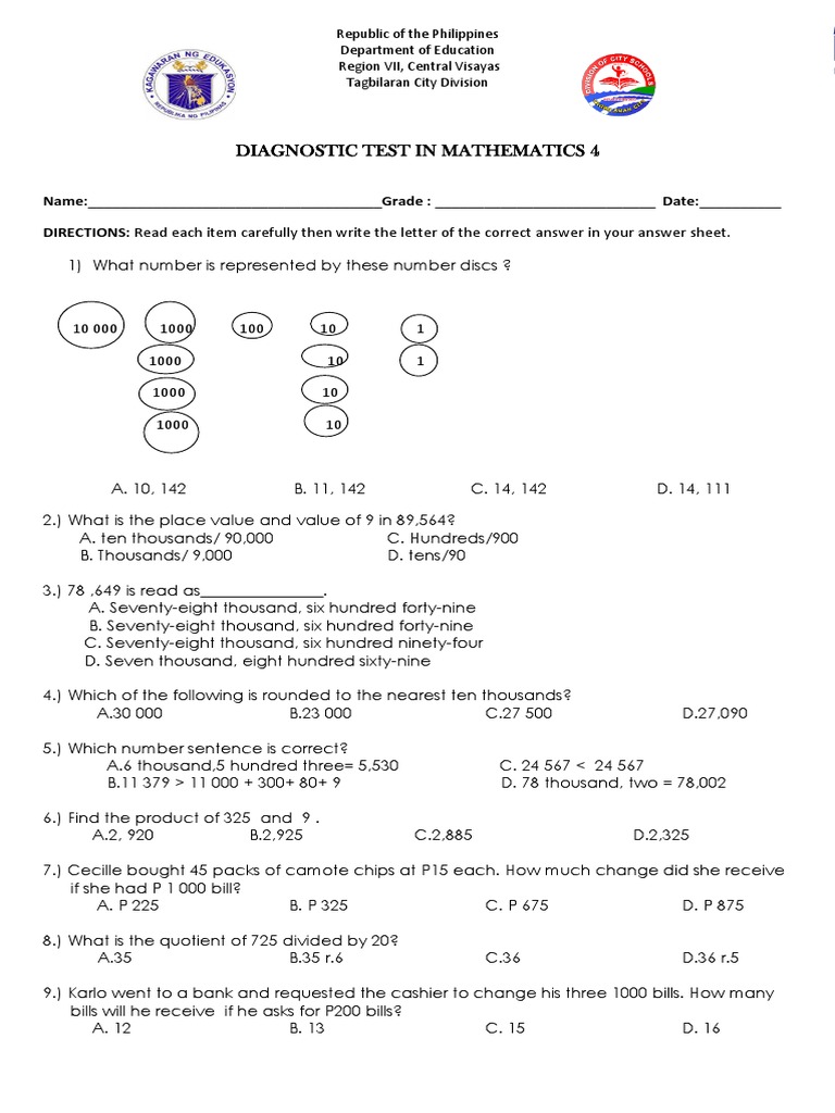 Math Diagnostic Test for Grade 4 | PDF