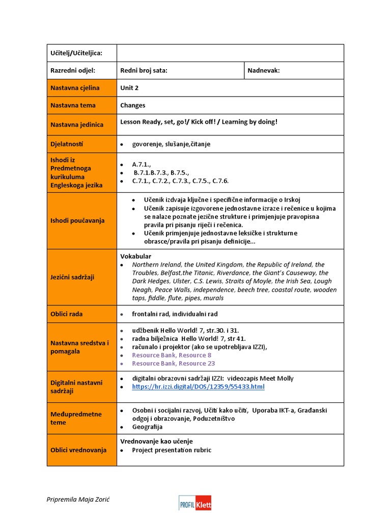 Hello World 7 - Prijedlozi Dnevnih Priprava - Unit 2 | PDF