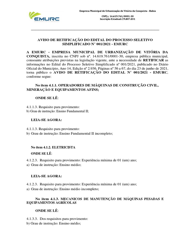 PROCESSO SELETIVO 001.2021 - ERRATA Do EDITAL | PDF