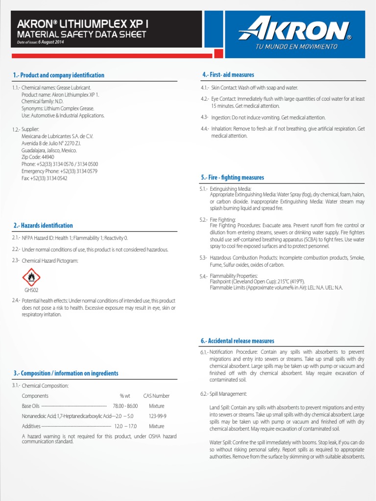 MSDS Lithiumplex XP 1 | PDF | Waste | Dangerous Goods