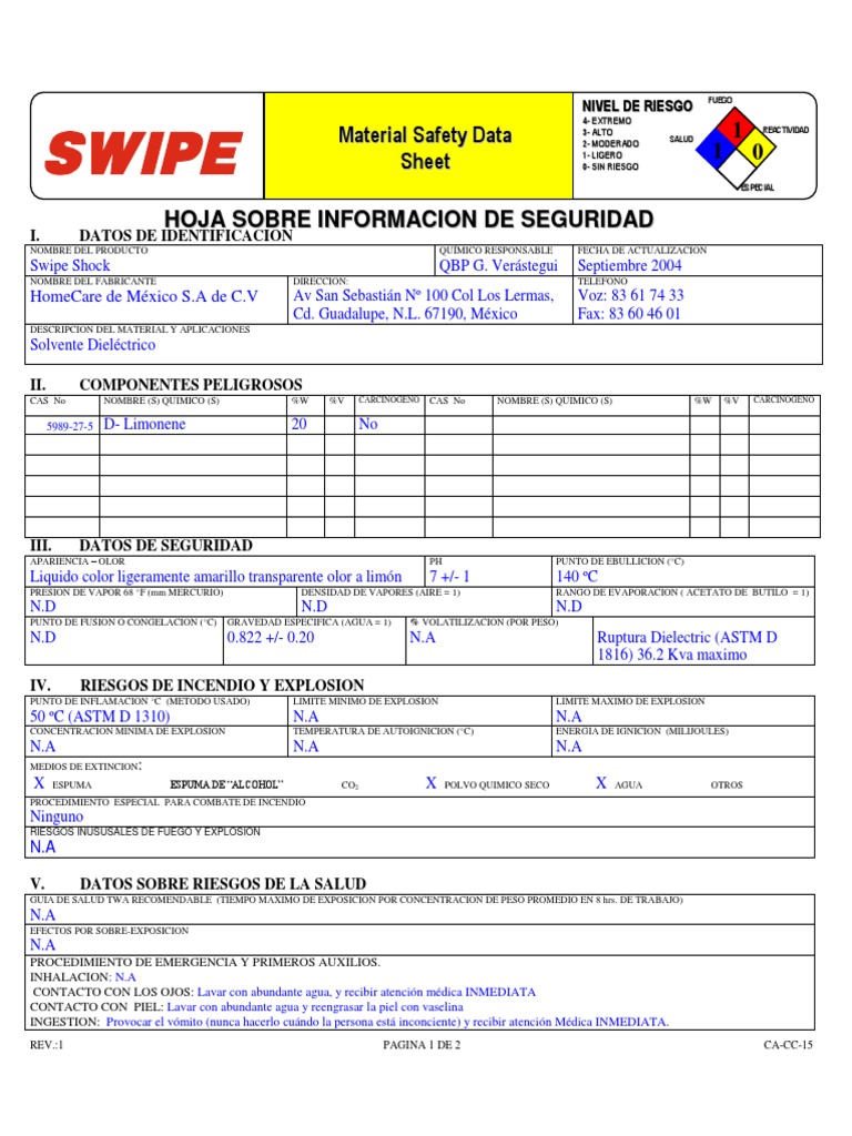 MSDS - Swipe Shock Solvente Dielectrico | PDF | Agua | Naturaleza