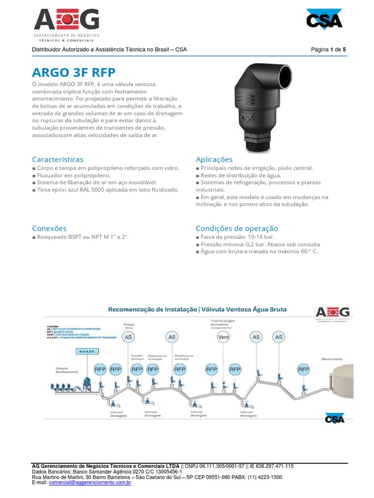 Válvula Ventosa ARGO 3F RFP - AG GERENCIAMENTO - CSA | PDF | Pressão