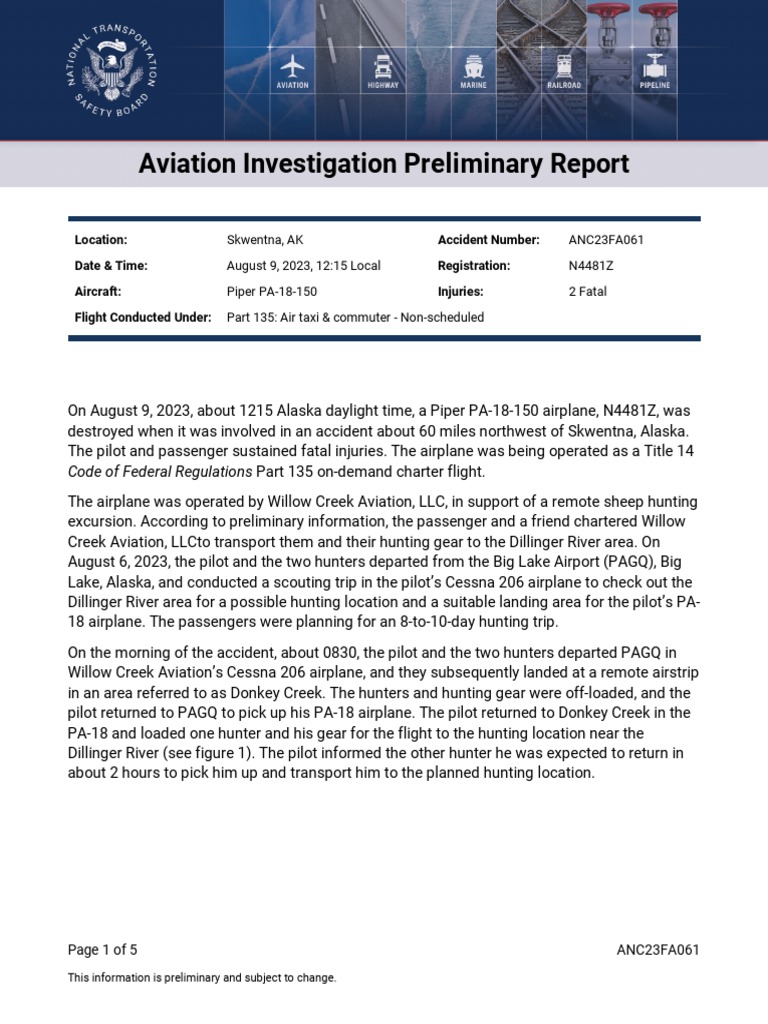 Aviation Investigation Preliminary Report For Aug. 9, 2023, Denali ...