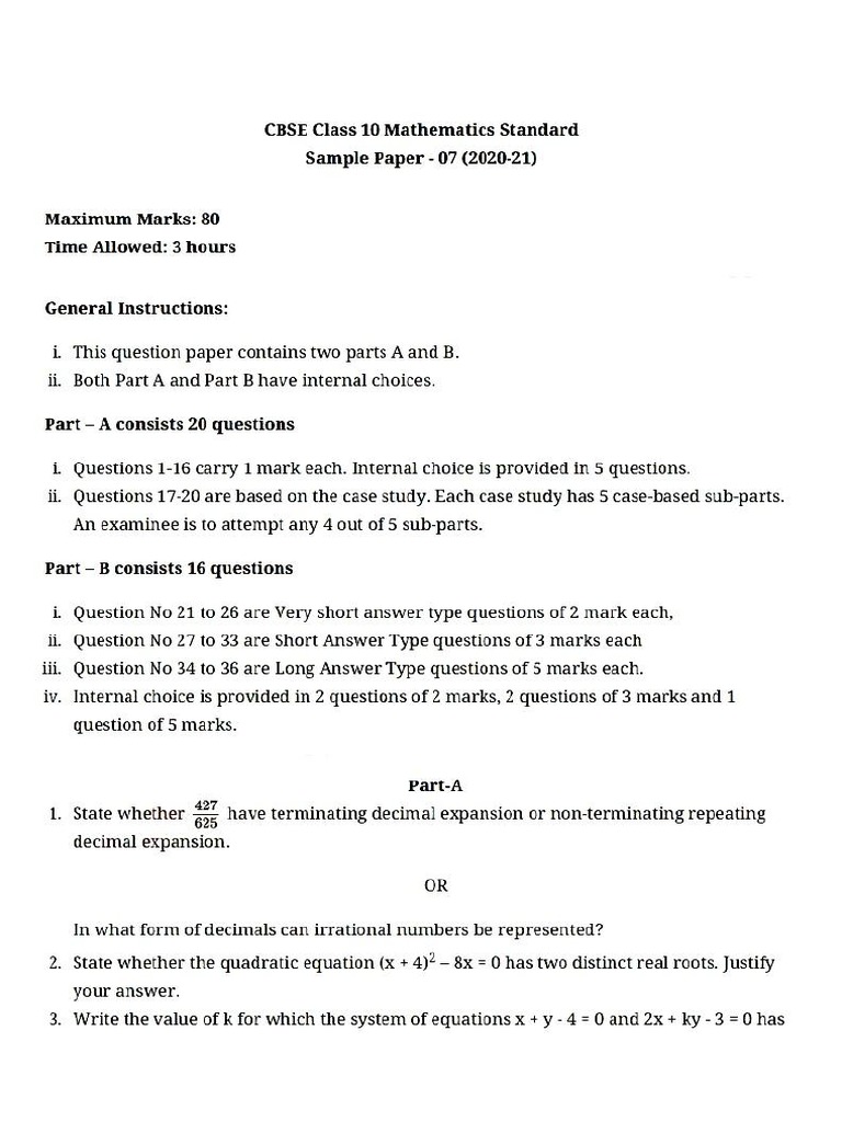 14.03.2021 - Maths Sample Paper | PDF
