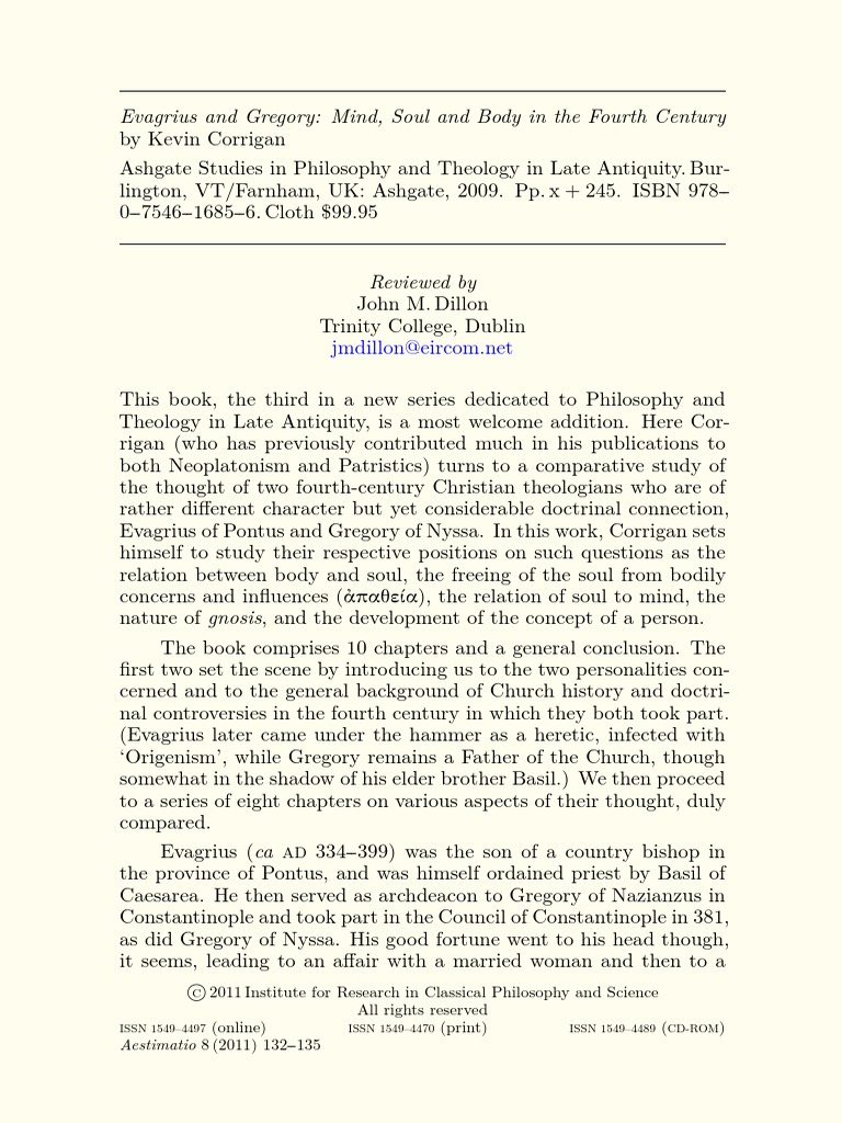 Review of "Evagrius and Gregory: Mind, Soul and Body in The Fourth ...