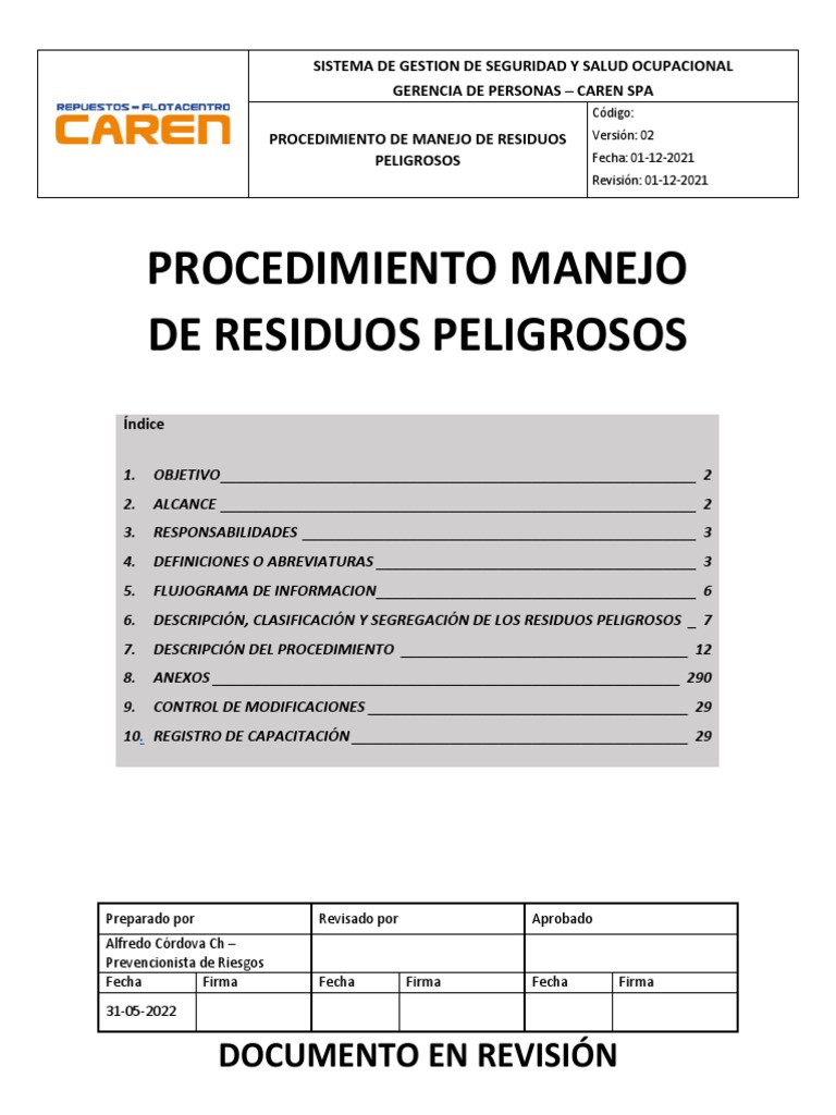 Procedimiento Manejo de Residuos Peligrosos - Caren SpA | PDF | Residuos | Gestión de residuos
