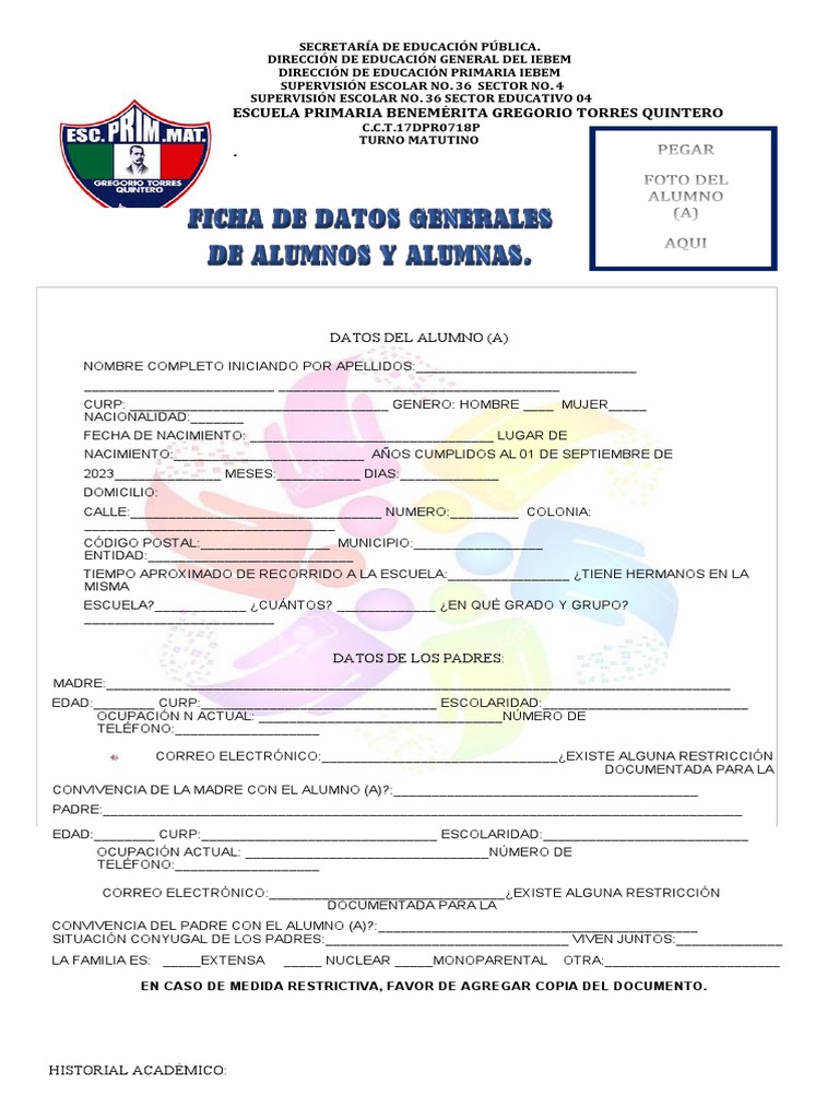 Ficha de Datos Del Alumno 23 24 Benemerita Gregorio Torres Quintero | PDF