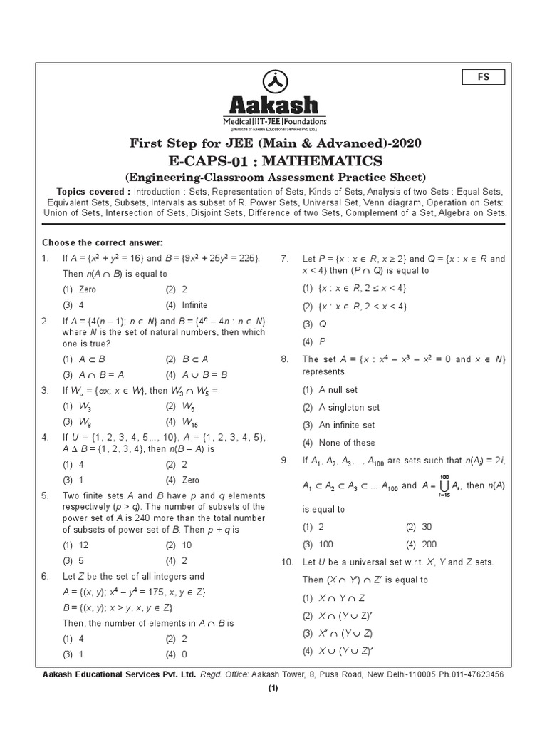 E-Caps-01: Mathematics: First Step For JEE (Main & Advanced) - 2020 | PDF | Set (Mathematics ...