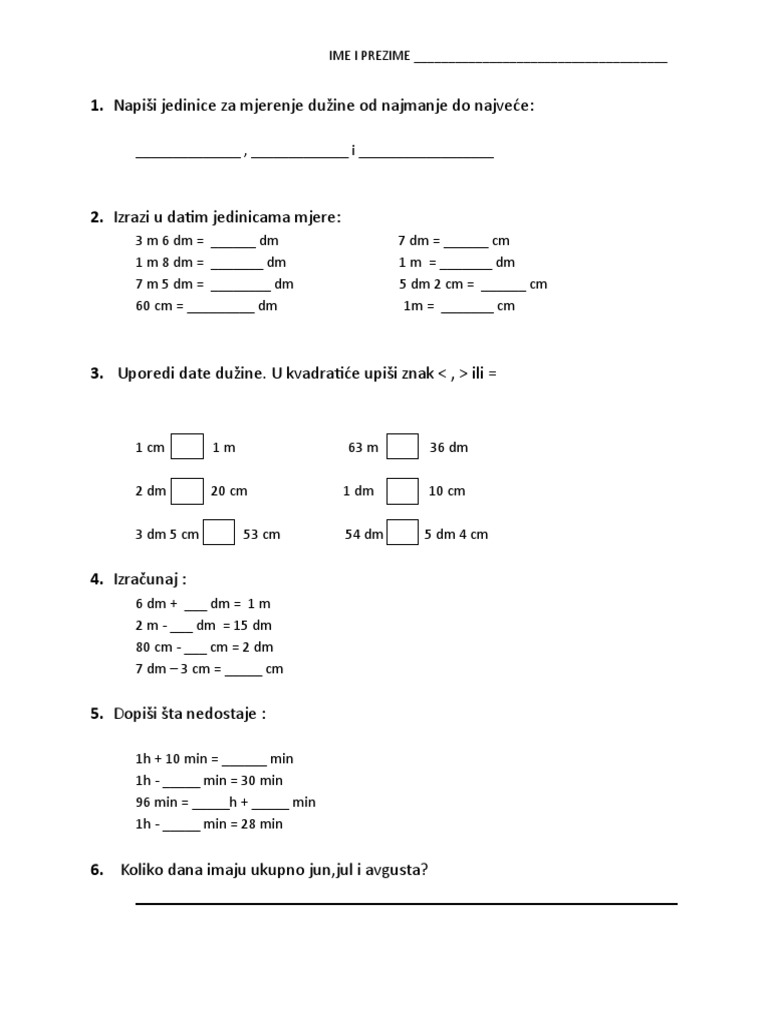 Napiši Jedinice Za Mjerenje Dužine - TEST Iz Matematike | PDF