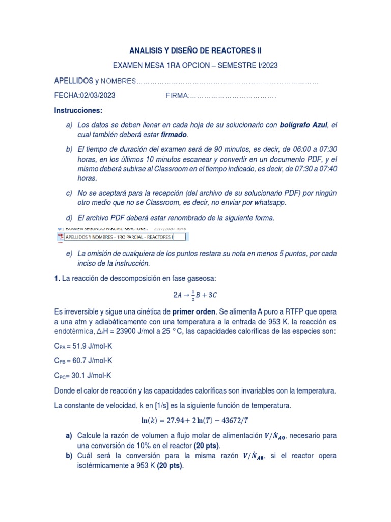 1ra Opcion Examen-Reactores Ii-1-2023 | PDF | Reactor Quimico | Naturaleza