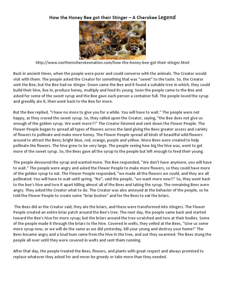 Cherokee Legend of the Honey Bee Stinger | PDF | Honey Bee | Honey