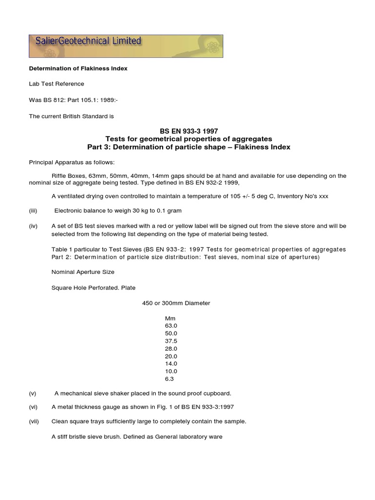 Flakiness Index BS en 933-3 1997 | PDF | Applied And Interdisciplinary Physics | Physical Sciences