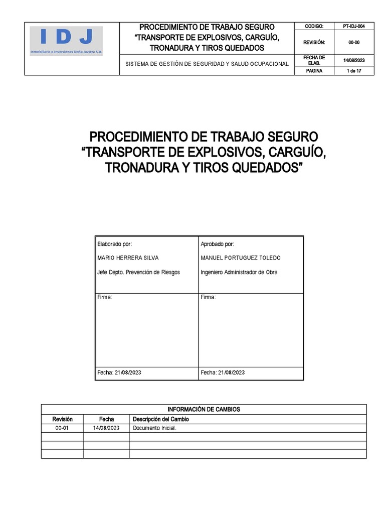 PT-IDJ-04 Procedimiento de Transporte de Explosivos Carguío y Tronadura ...