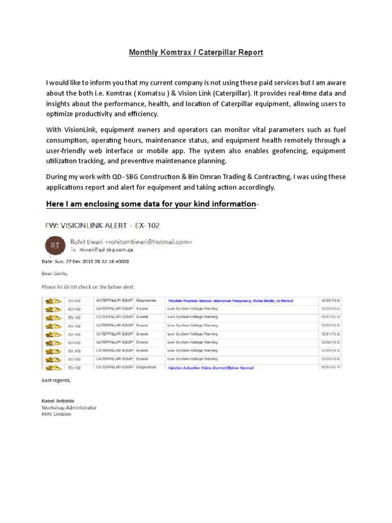 1 Monthly Komtrax or Caterpillar Report - Compressed | PDF