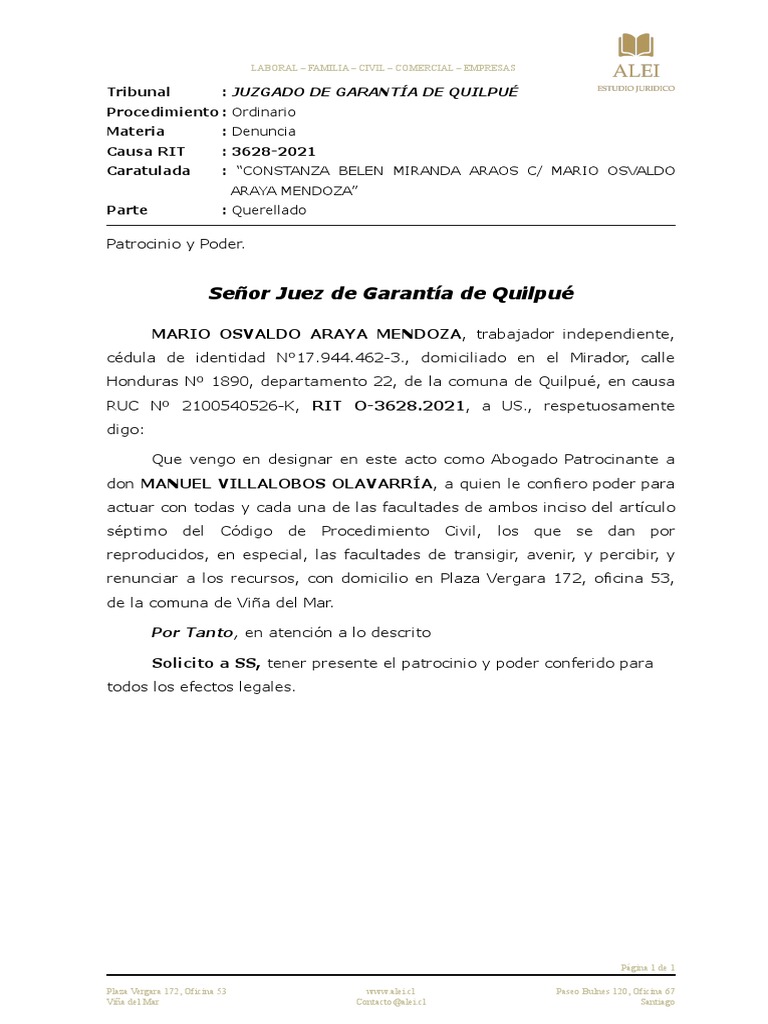 Patrocinio Legal en Causa Civil 3628-2021 | PDF