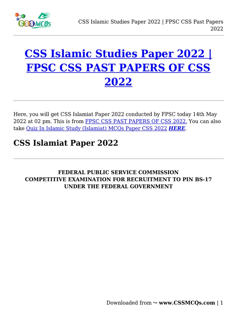 CSS Islamic Studies Paper 2022 - FPSC CSS Past Papers 2022 | PDF ...