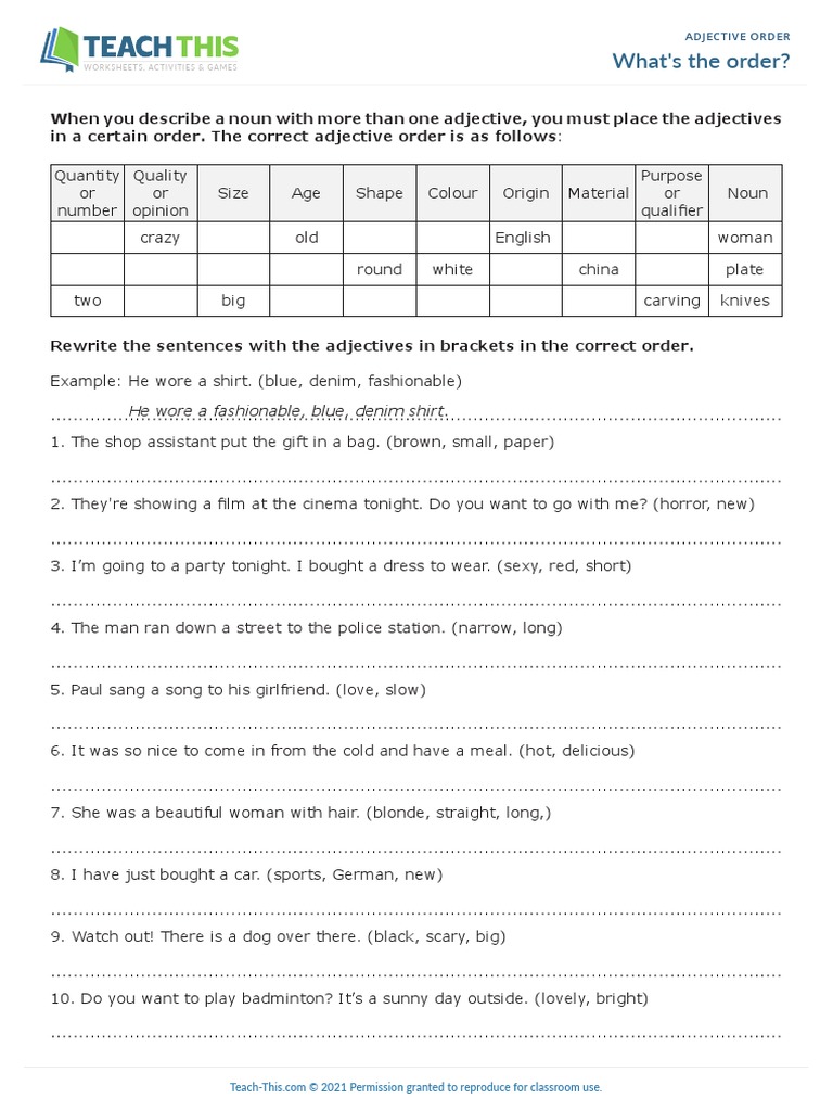 What's The Order Worksheet | PDF | Adjective | Syntax