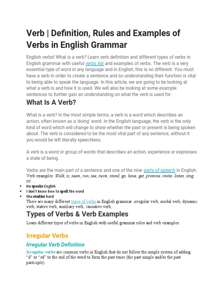 Verb (Parts of Speech) PDF | PDF | Verb | Grammatical Number