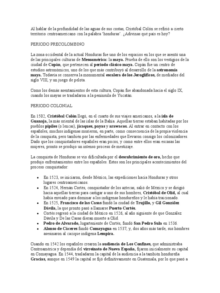Historia de Honduras (Periodo Colonial) | PDF | Honduras | Centroamérica