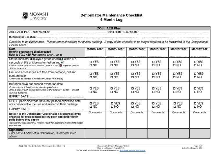 Defibrillator Maintenance Checklist ZOLL AED Plus 2020 | PDF ...