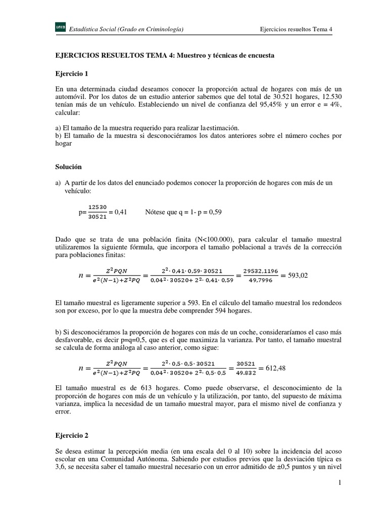 Ejercicios Resueltos Tema4 Muestreo Tecnicas Encuesta | PDF | Determinación del tamaño de la ...