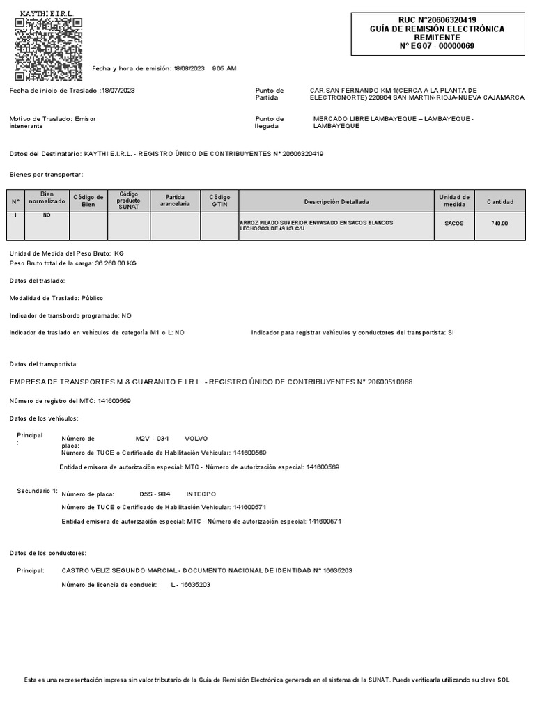 Guía Remisión Arroz Pilado 36T Lambayeque | PDF