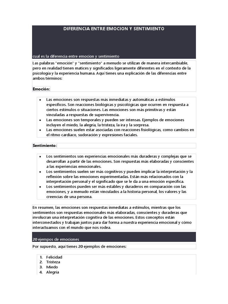 Diferencia Entre Emocion y Sentimiento | PDF | Las emociones | Psicología cognitiva