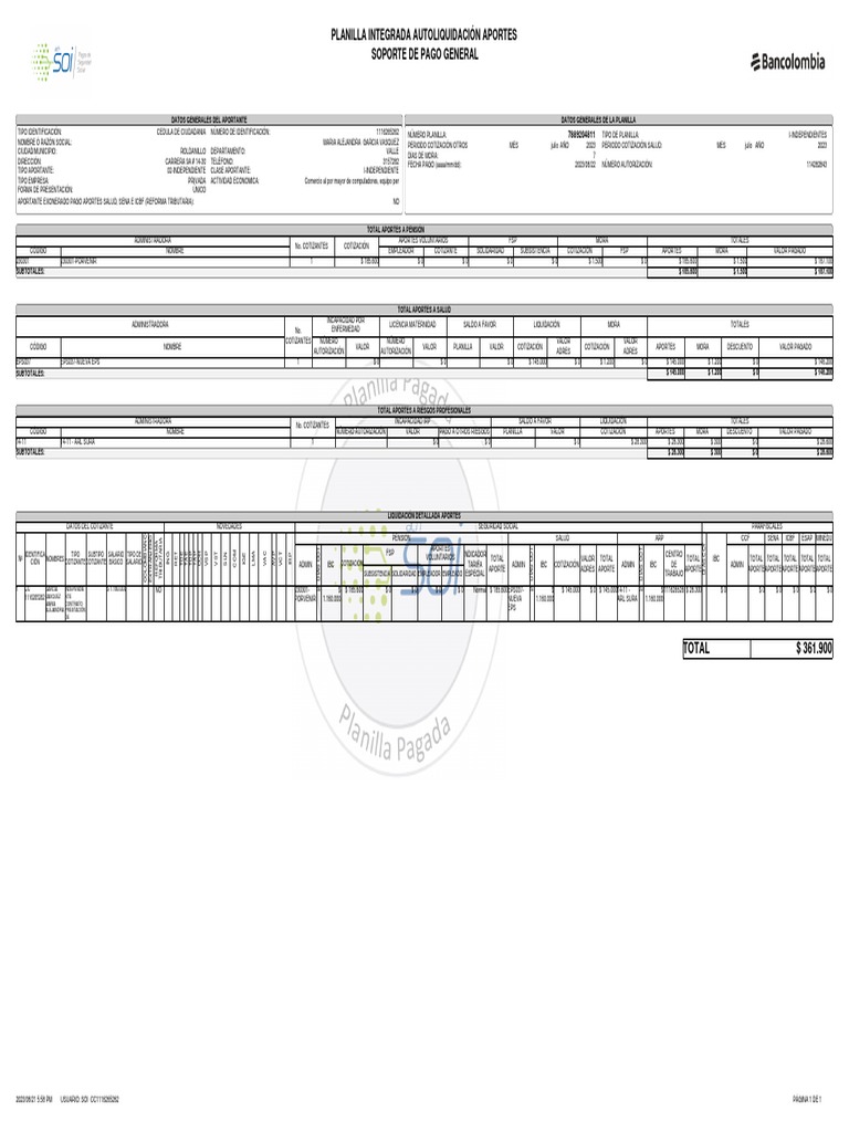 Planilla Autoliquidación Aportes 2023 | PDF | Compensación laboral ...
