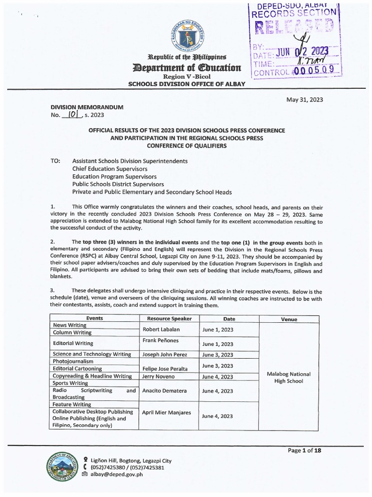 Official Results of The Division Schools Press Conference and ...