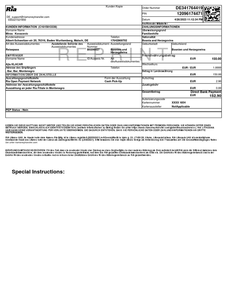 Ria Order Receipt DE341764419 | PDF