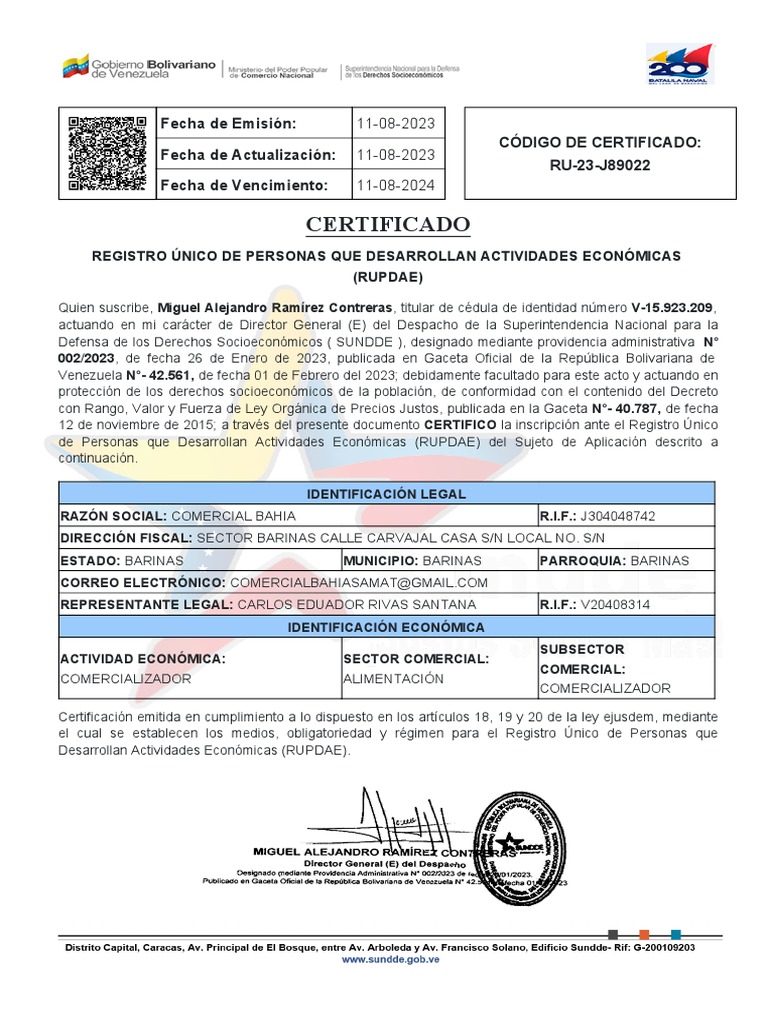 Certificado Rupdae BAHIA, C.A. | PDF | Gobierno | Justicia