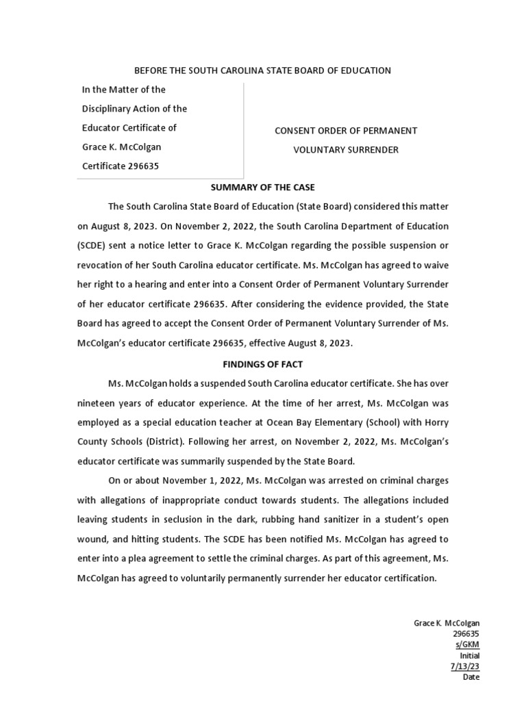 Teacher Grace McColgan Surrenders License | PDF | Legal Procedure ...