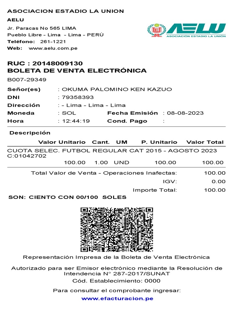 RUC: 20148009130 Boleta de Venta Electrónica: Jr. Paracas No 565 LIMA Pueblo Libre - Lima - Lima ...
