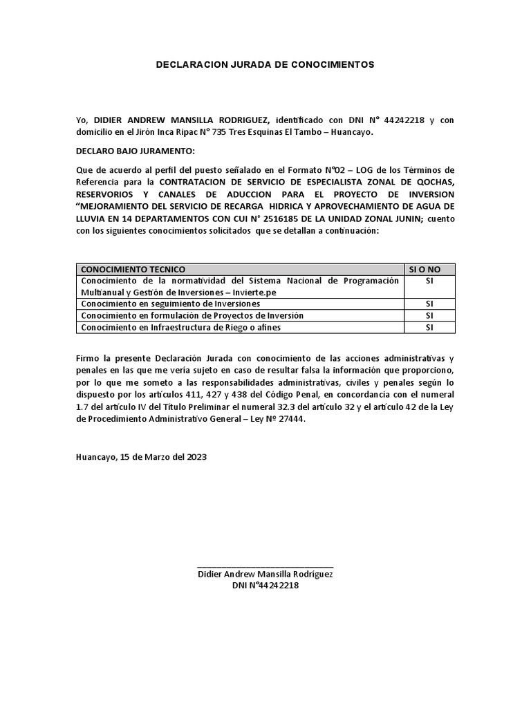 Declaracion Jurada Conocimientos | PDF