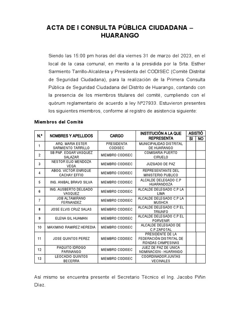 Acta de I Consulta Publica Del Codisec | Descargar gratis PDF | Alcalde | Gobierno