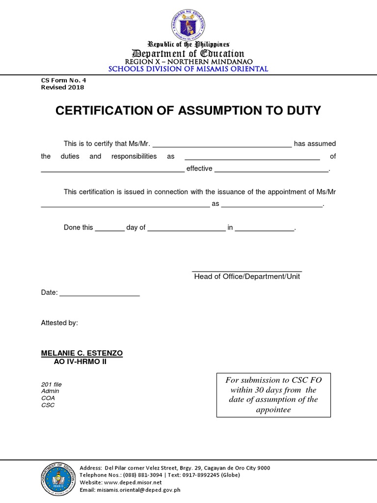 Certificate of Assumption To Duty CLAVRIA | PDF