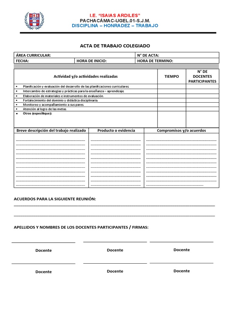 Acta de Trabajo Colegiado I.E. Isaias Ardiles | PDF | Cambio ...