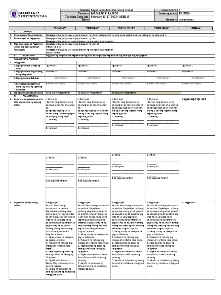 DLL Filipino-5 Q3 W1 | PDF